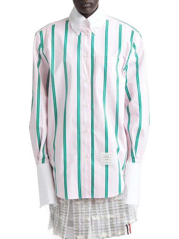 THOM BROWNE Repp Stripe Oversize Button Armband Cotton Poplin Button-Down Shirt